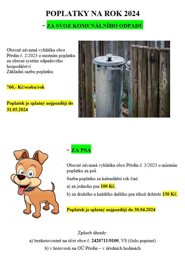 Poplatky na rok 2024 - Oficiální stránky obce Předín